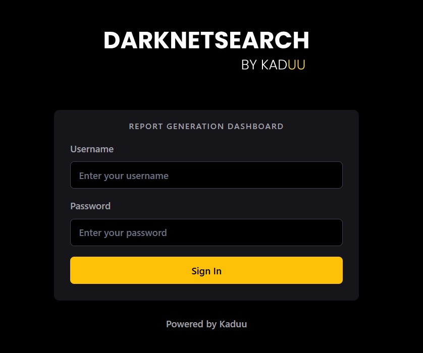 DarknetSearch report generation dashboard login
