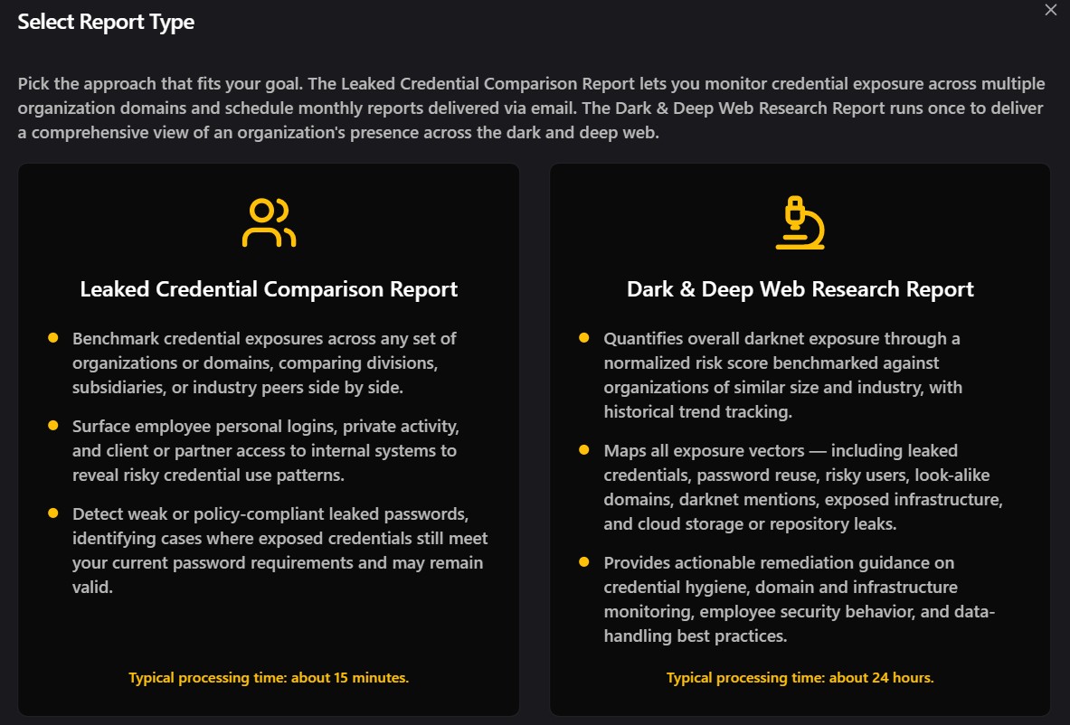 Comparison of report types for credential and dark web research